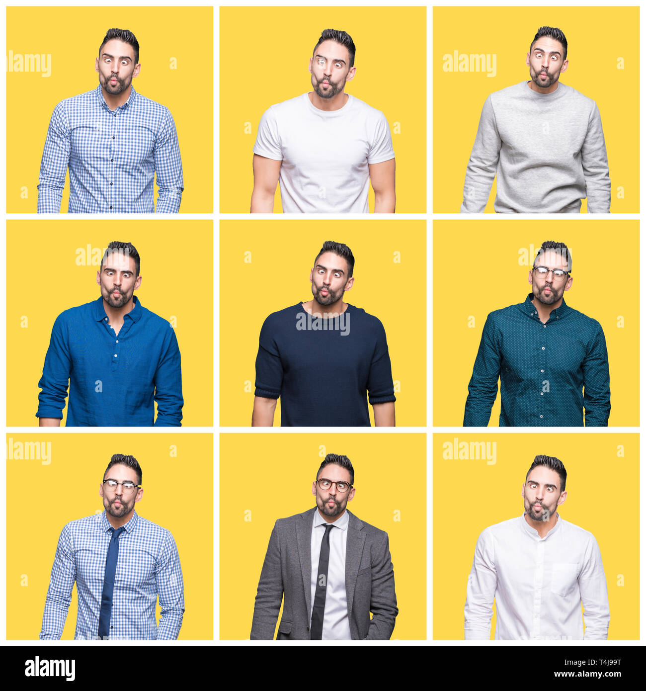 Collage of handsome man over yellow isolated background making fish ...