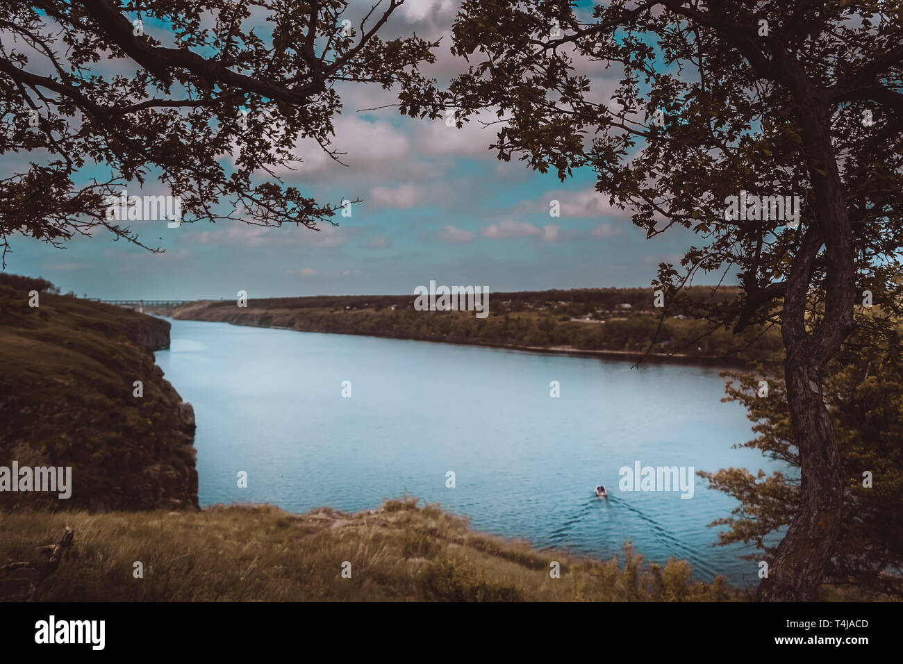 River landscape with beautiful natural vignette branches and sailing ...