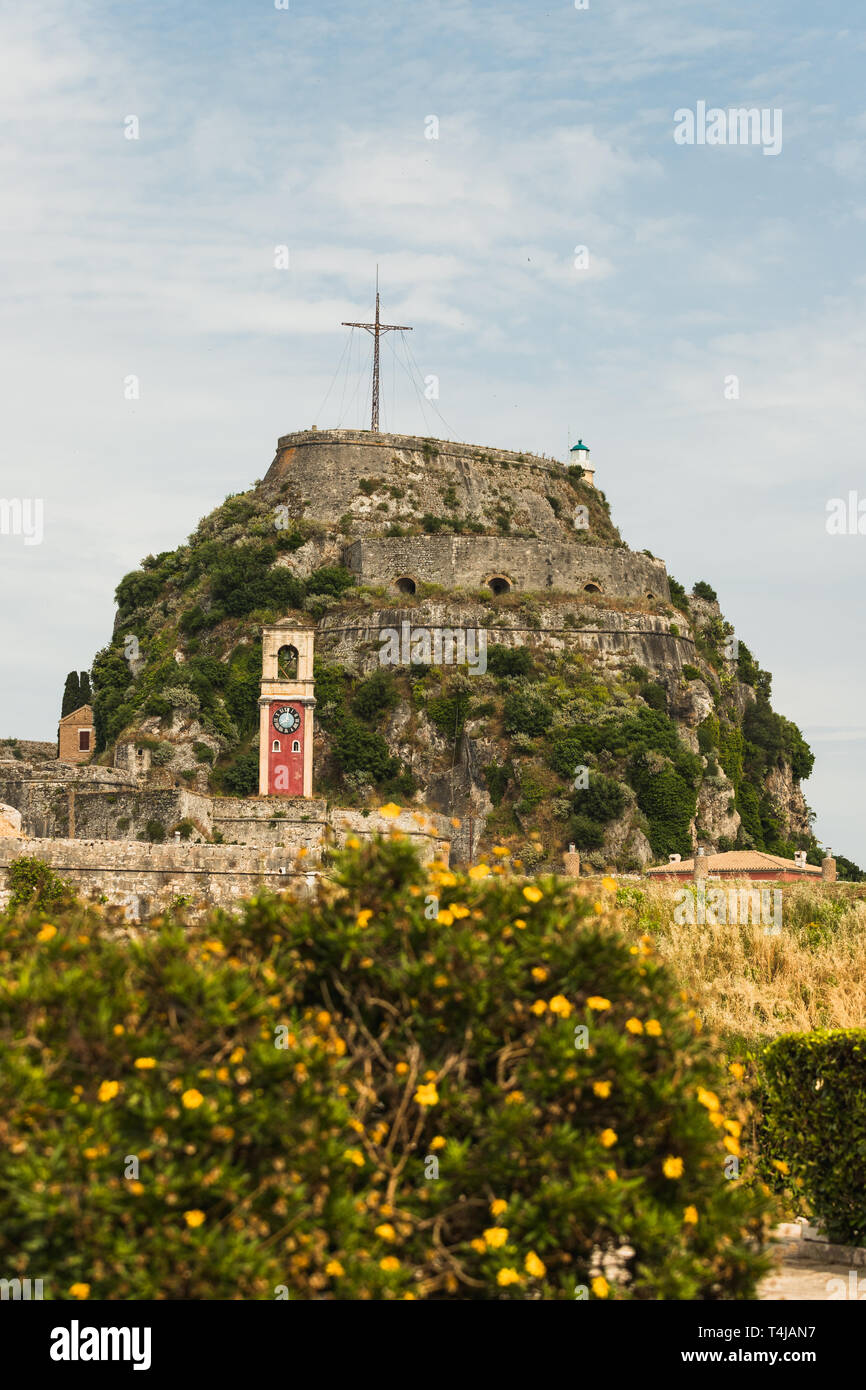 Historic bell tower inside the Old Fortress of Corfu Town in front of ...