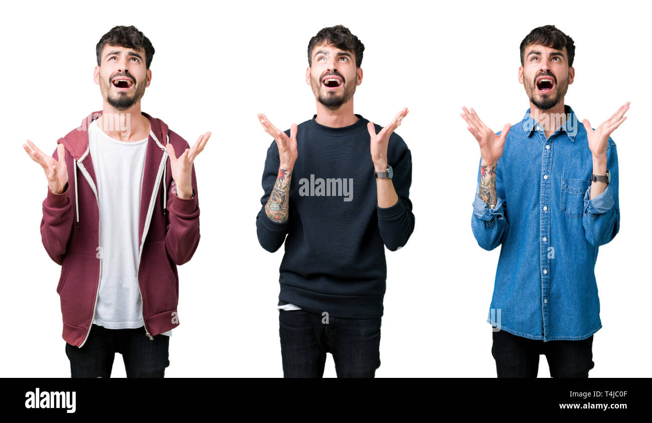Collage of young man over isolated background crazy and mad shouting ...