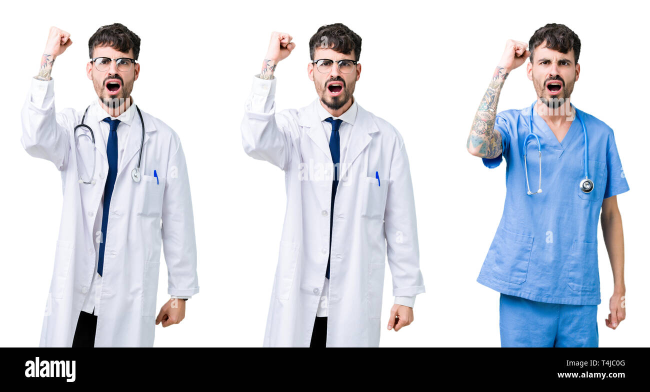 Collage of doctor man wearing medical coat over isolated background ...