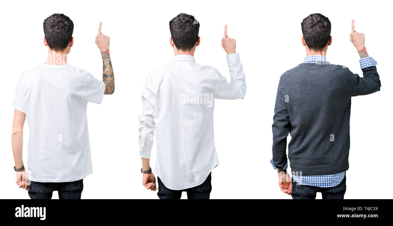 Collage of young man over isolated background Posing backwards pointing ...