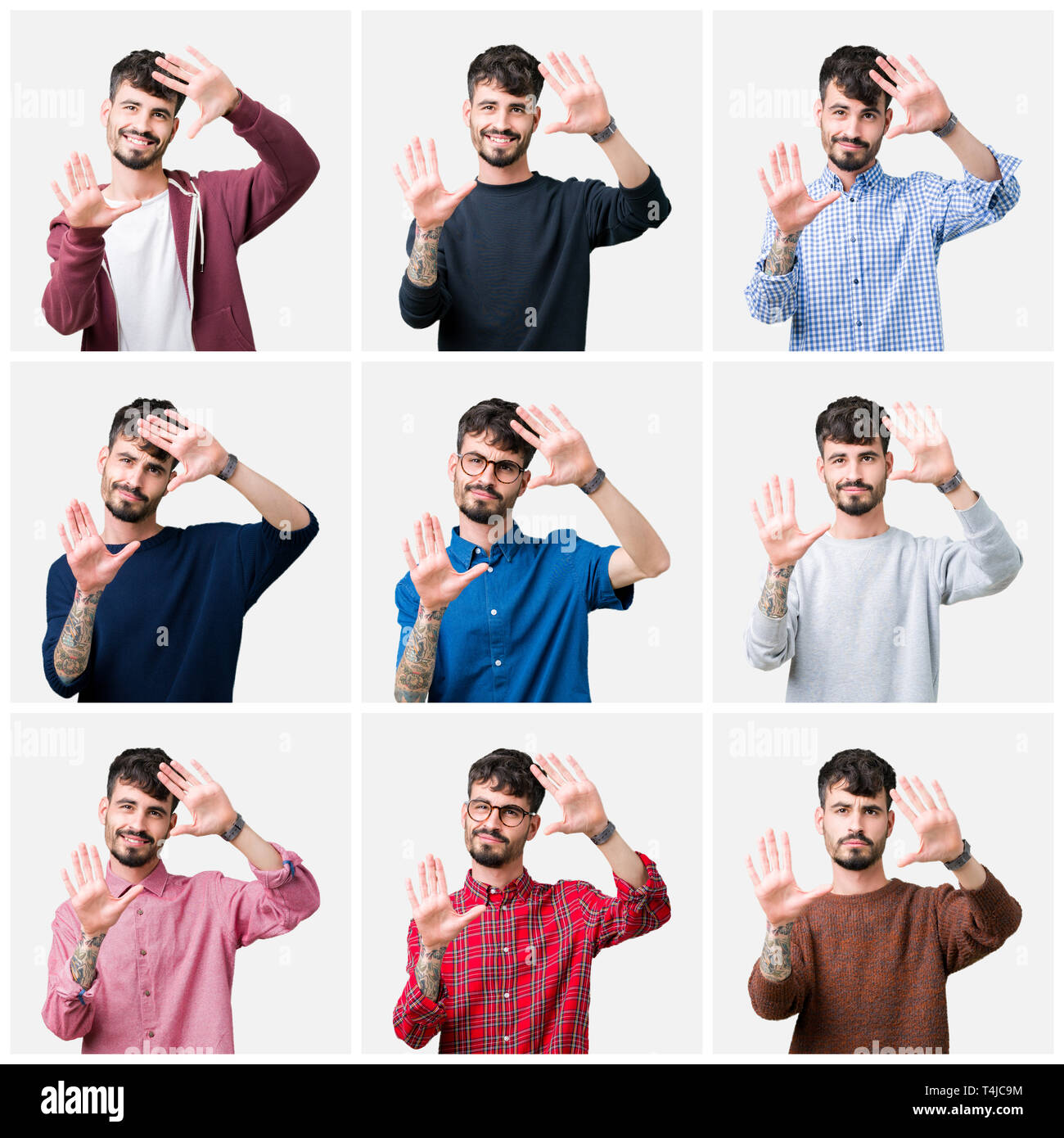 Collage of young man over isolated background Smiling doing frame using ...