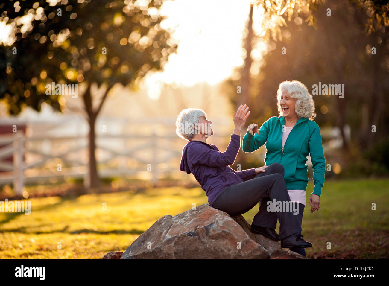 Two smiling senior women giving each other a high-five in a park Stock ...