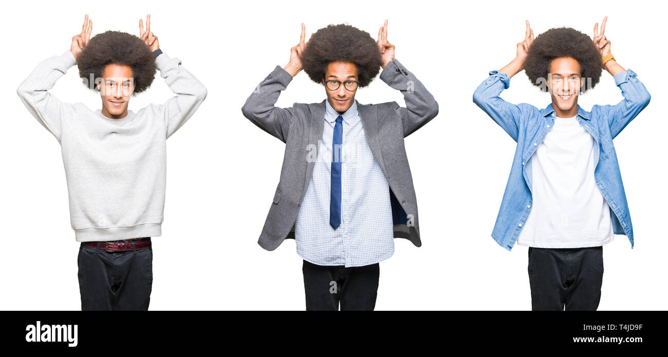 Collage of young man with afro hair over white isolated background ...