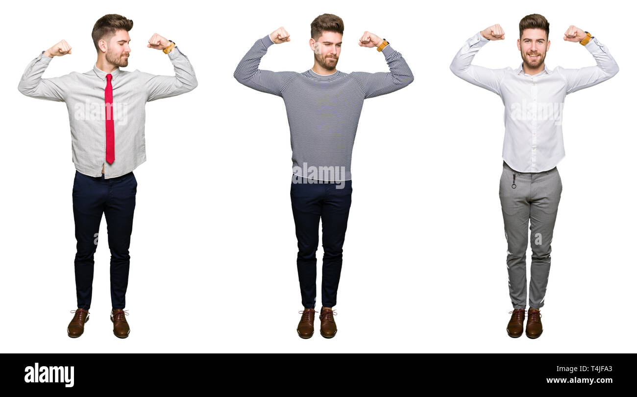 Collage of handsome young business man over white isolated background ...