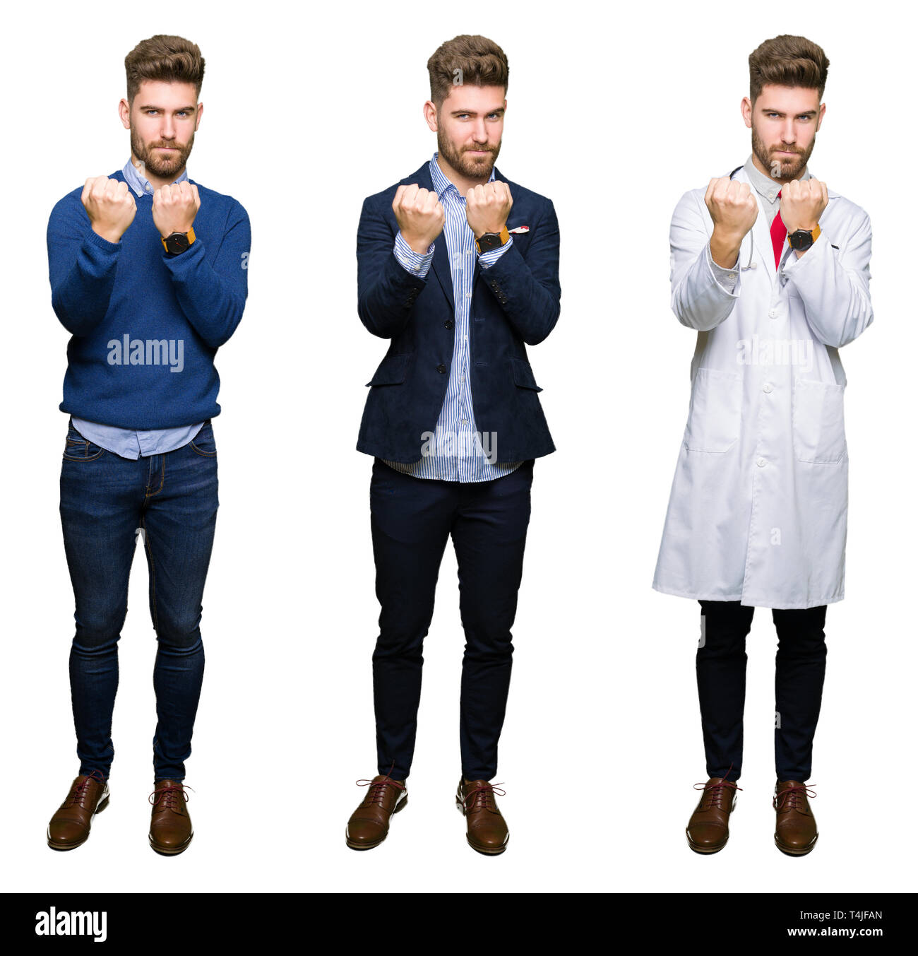 Collage of handsome young professional man over white isolated ...