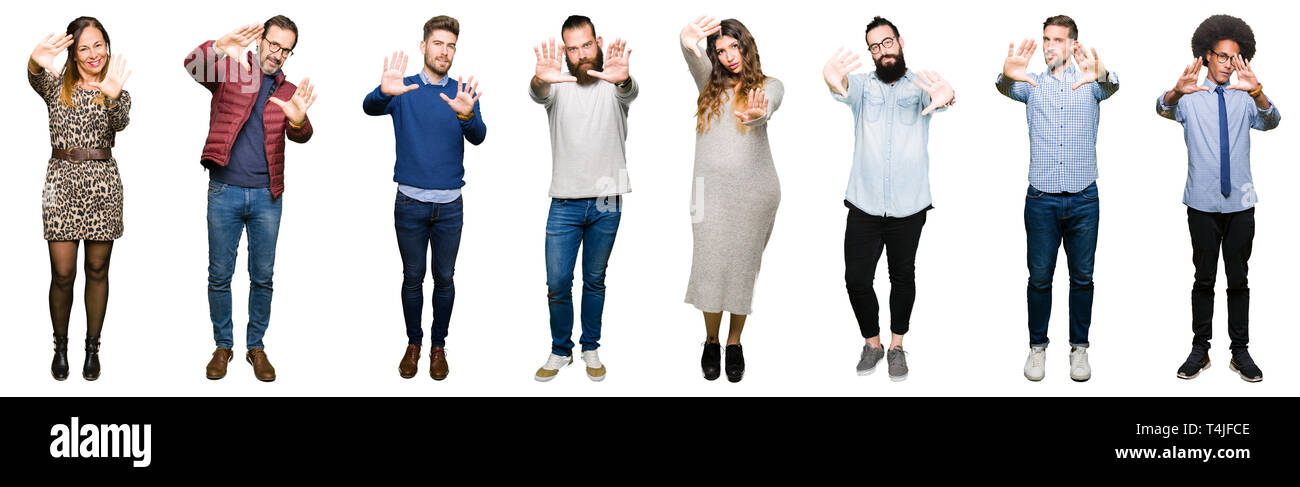 Collage of people over white isolated background Smiling doing frame ...