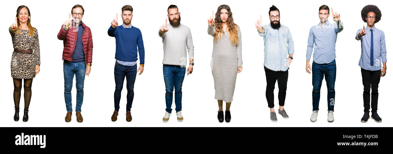 Collage of people over white isolated background Pointing with finger ...