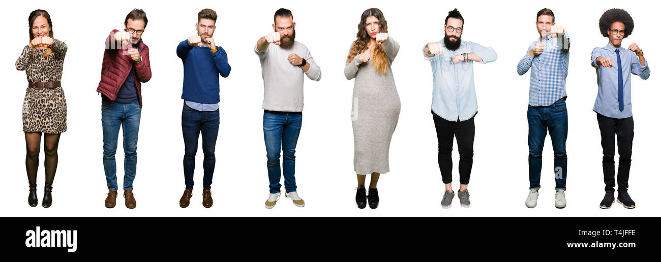 Collage of people over white isolated background Punching fist to fight ...