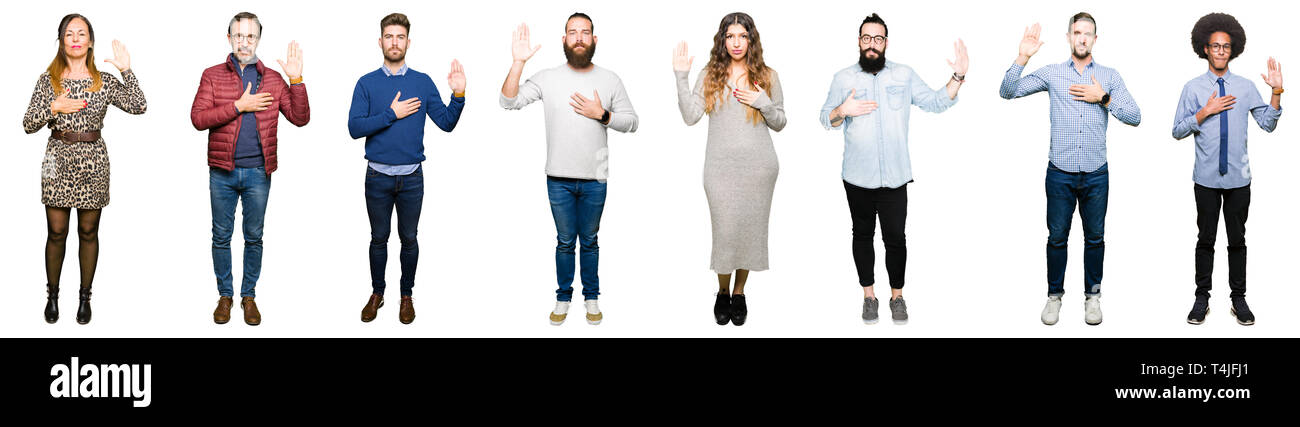 Collage of people over white isolated background Swearing with hand on ...