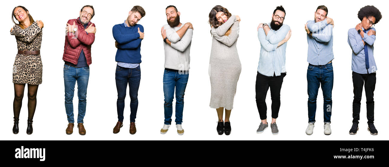 Collage of people over white isolated background Hugging oneself happy ...