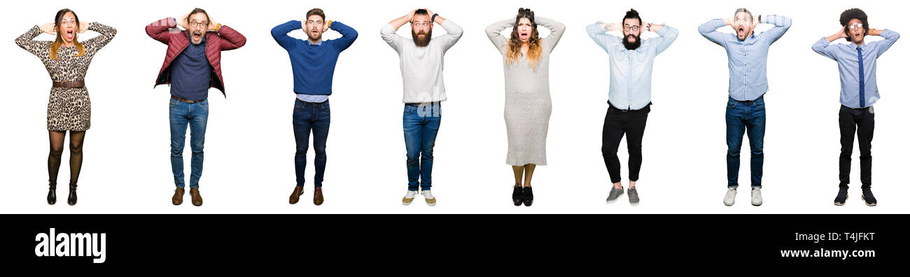 Collage of people over white isolated background Crazy and scared with ...
