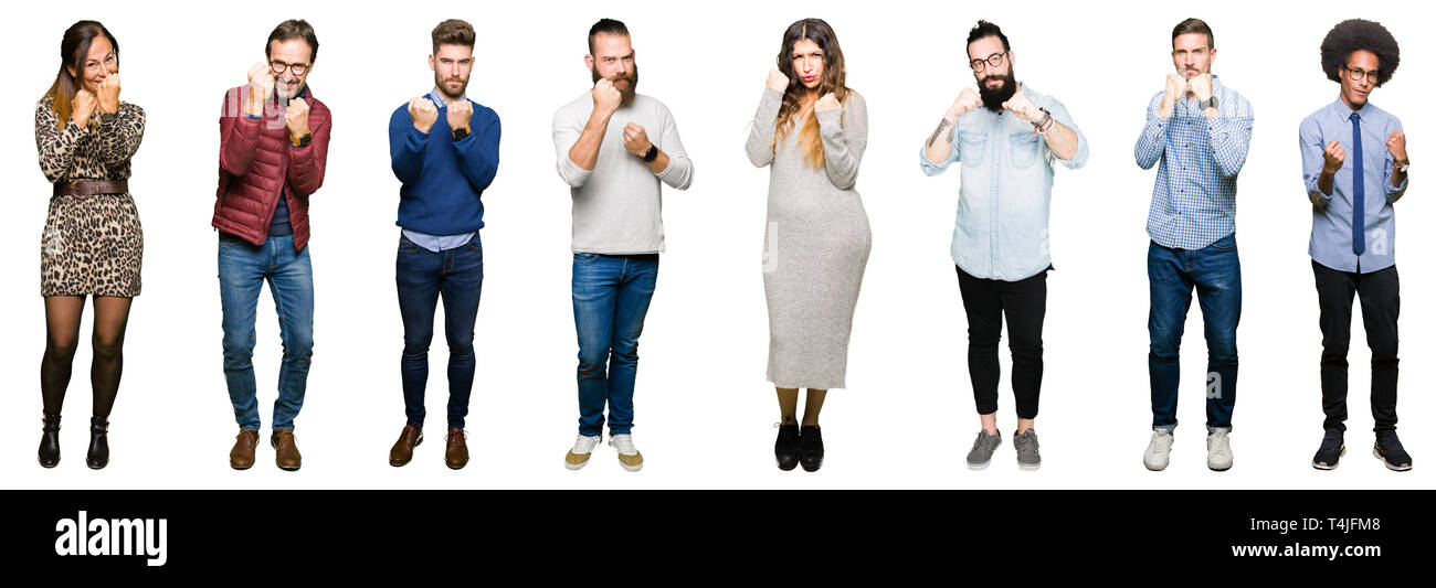 Collage of people over white isolated background Ready to fight with ...