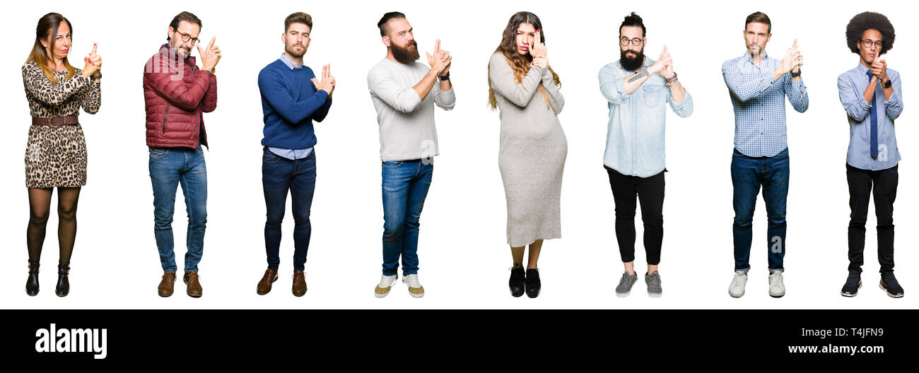 Collage of people over white isolated background Holding symbolic gun ...