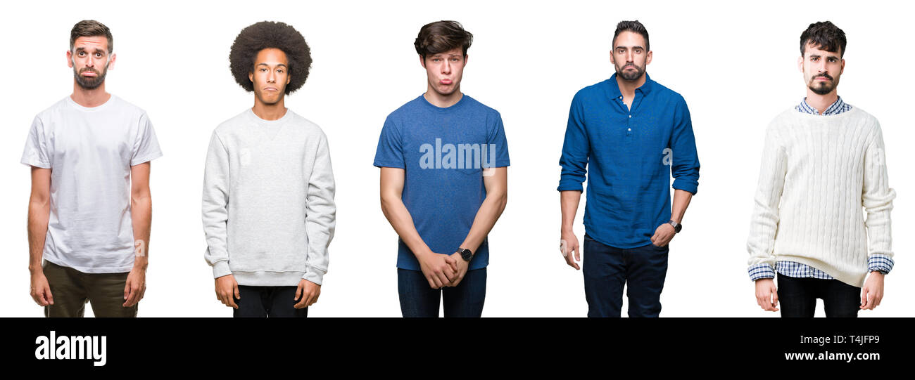 Collage of group of people over white isolated background depressed and ...