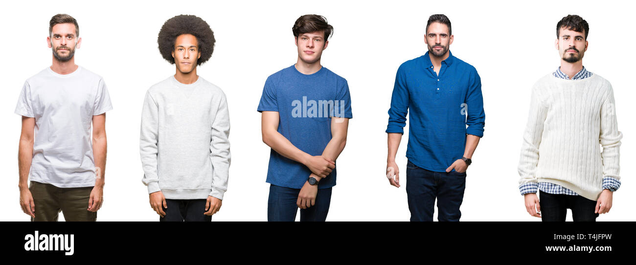 Collage of group of people over white isolated background Relaxed with ...