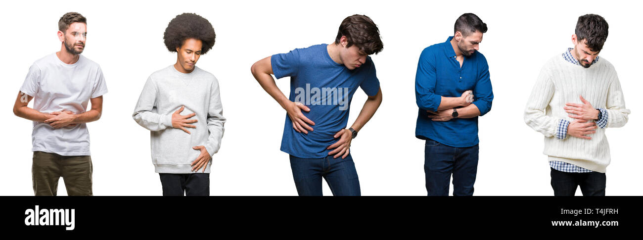 Collage of group of people over white isolated background with hand on ...