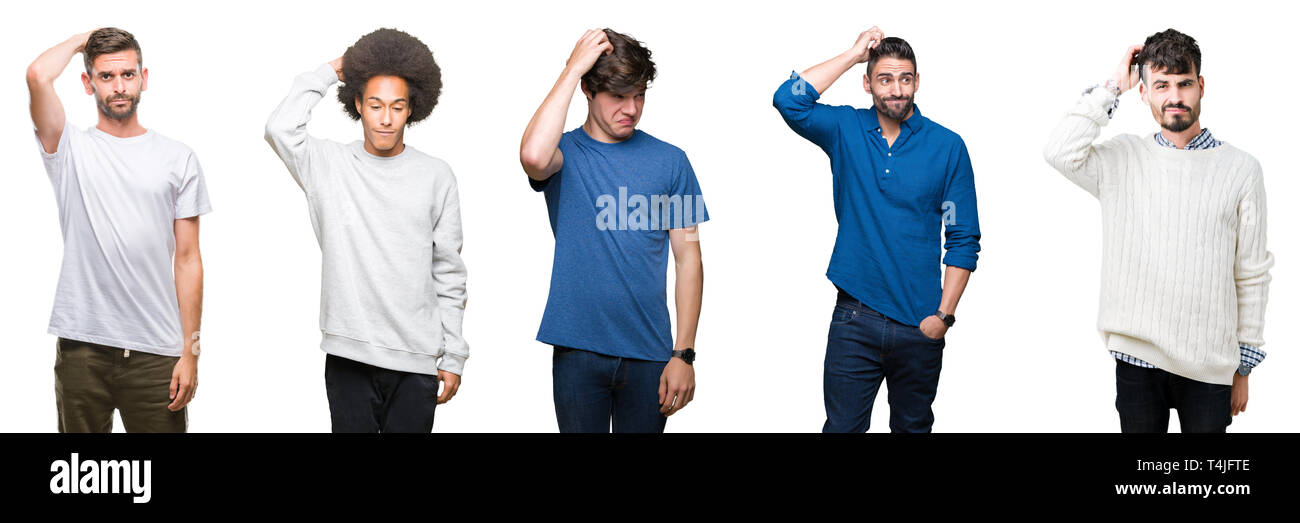 Collage of group of people over white isolated background confuse and ...