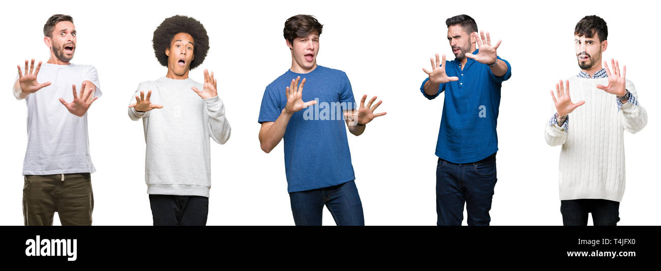 Collage of group of people over white isolated background afraid and ...
