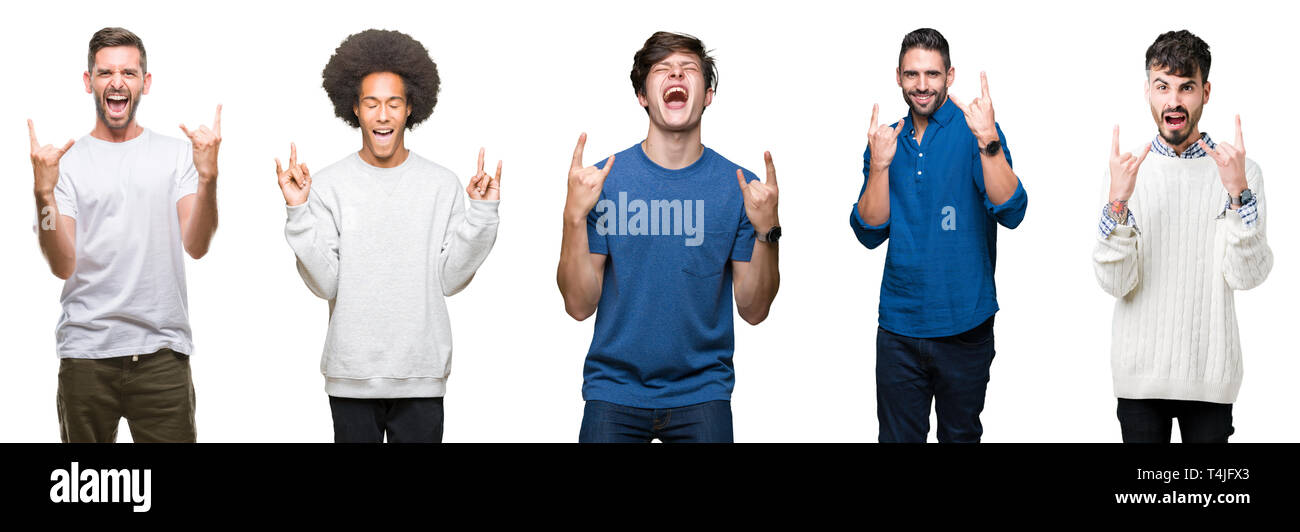 Collage of group of people over white isolated background shouting with ...
