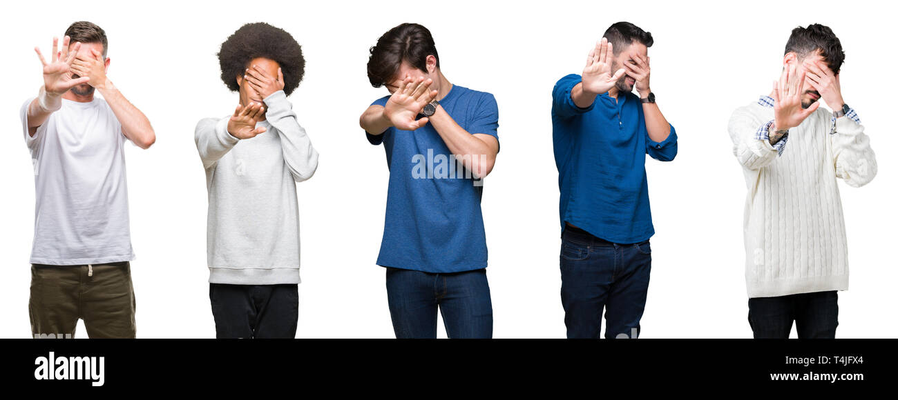 Collage of group of people over white isolated background covering eyes ...