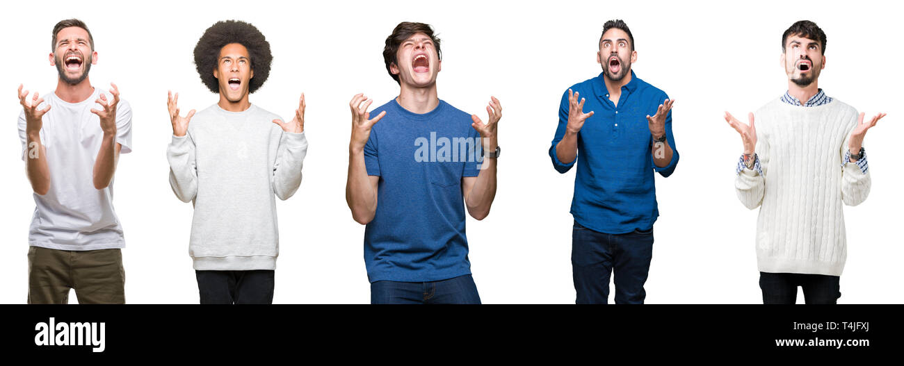 Collage of group of people over white isolated background crazy and mad ...