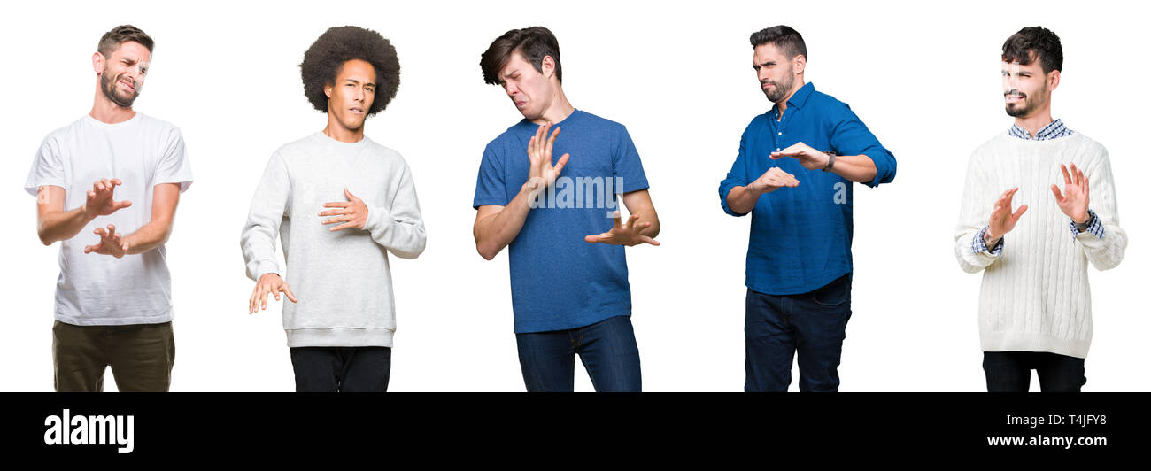 Collage of group of people over white isolated background disgusted ...