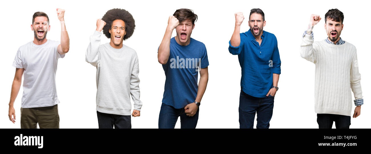 Collage of group of people over white isolated background angry and mad ...