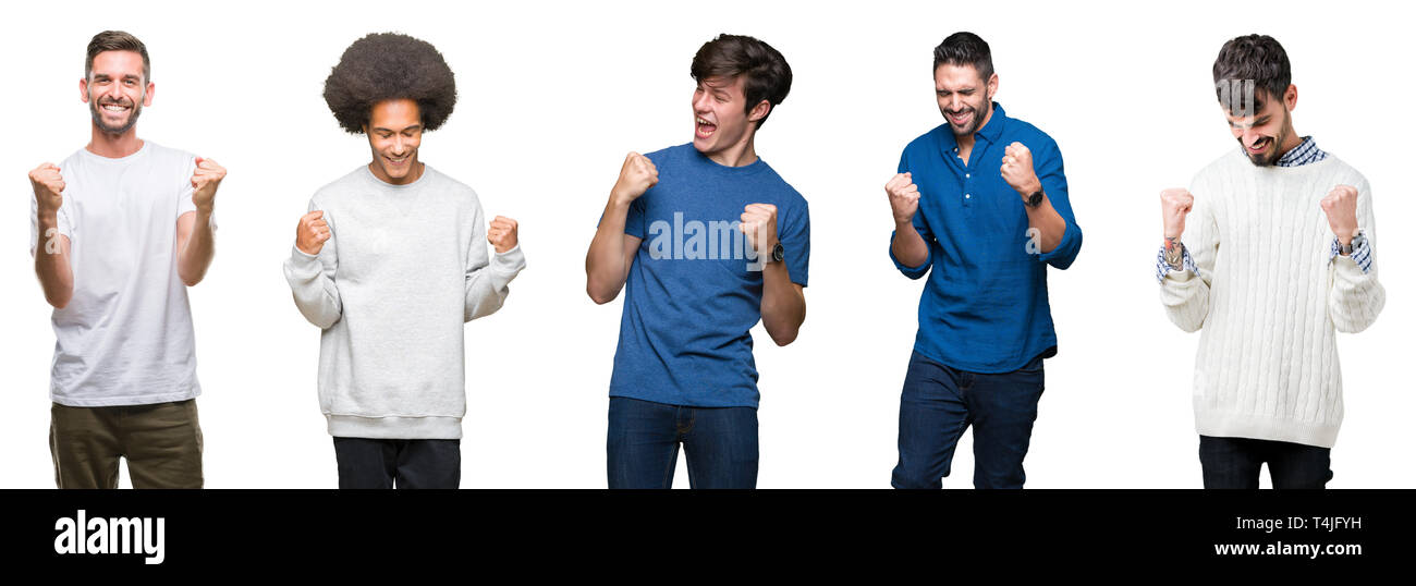 Collage of group of people over white isolated background very happy ...