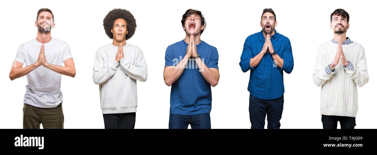 Collage of group of people over white isolated background begging and ...