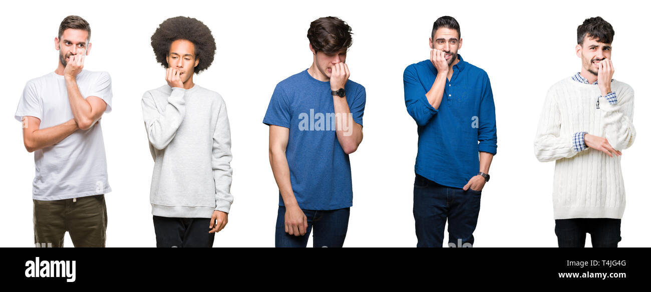 Collage of group of people over white isolated background looking ...