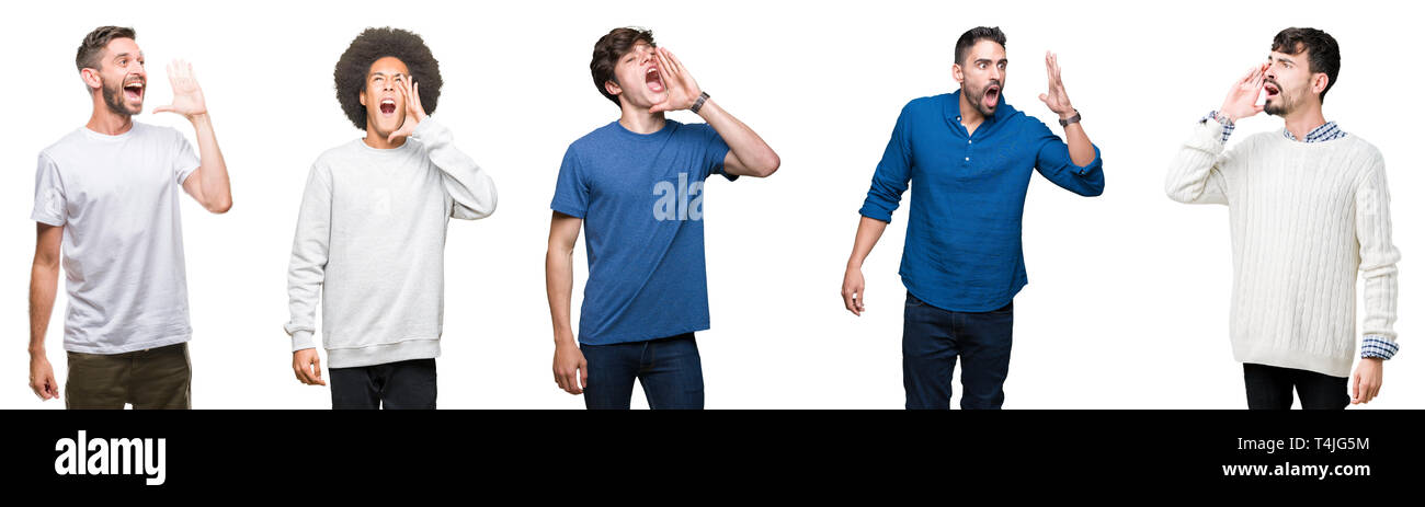 Collage of group of people over white isolated background shouting and ...