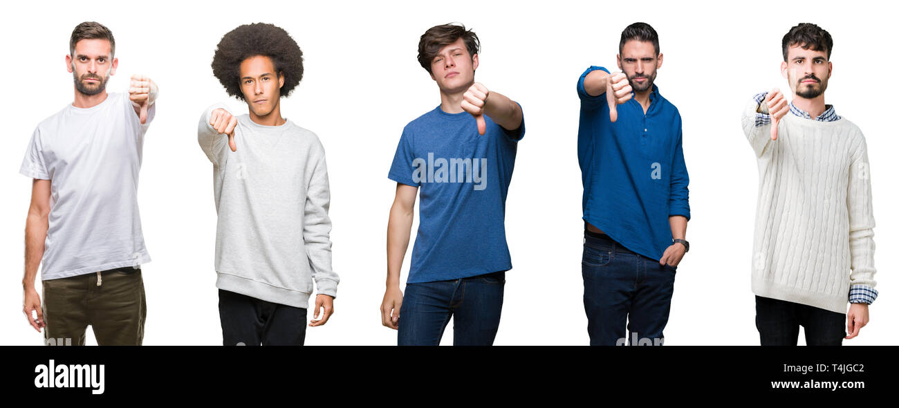 Collage of group of people over white isolated background looking ...