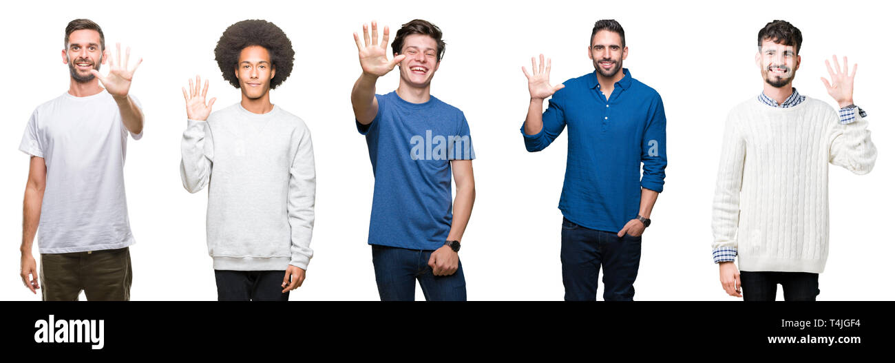 Collage of group of people over white isolated background showing and ...
