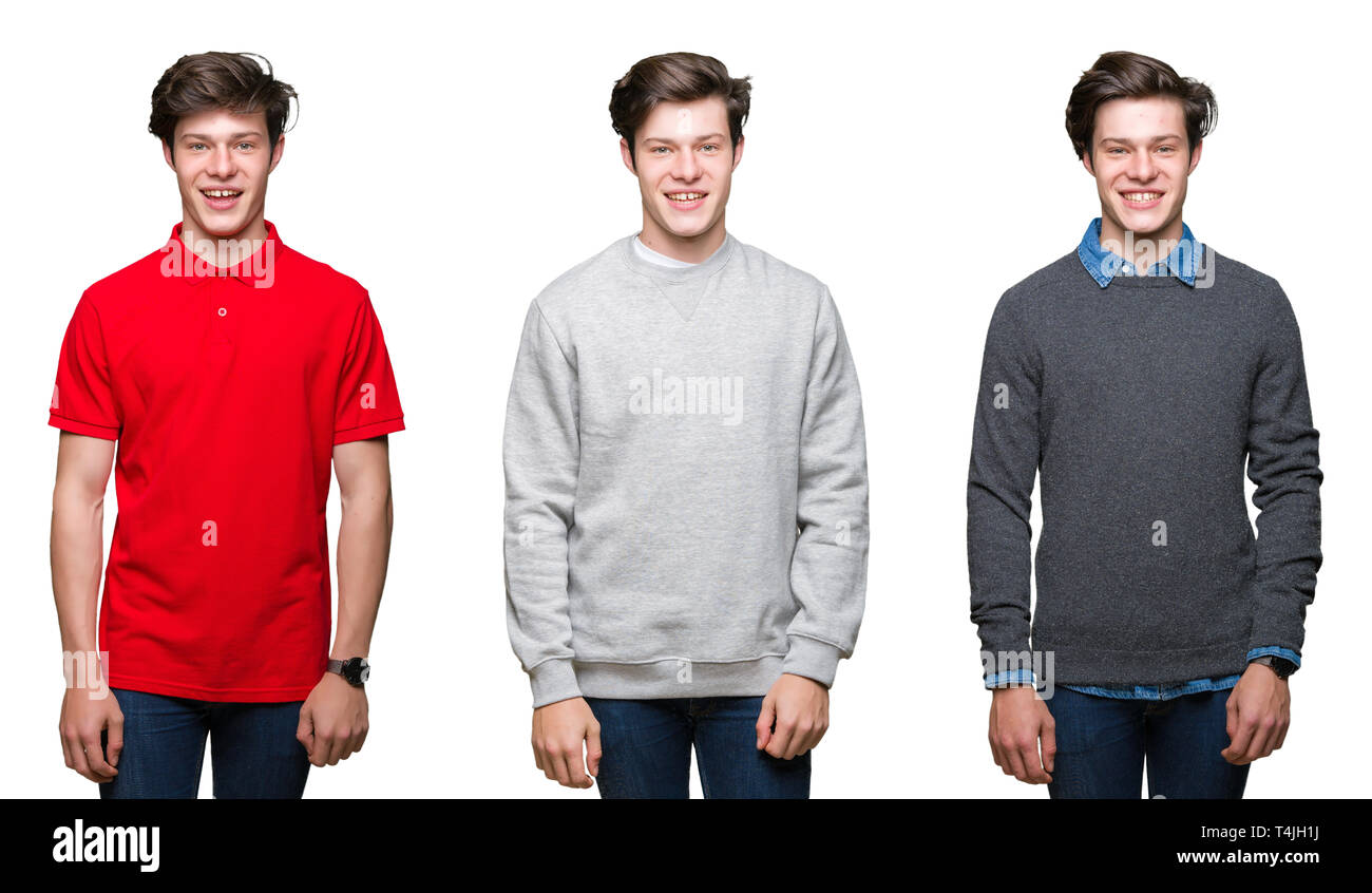Collage of young man over white isolated background with a happy and ...