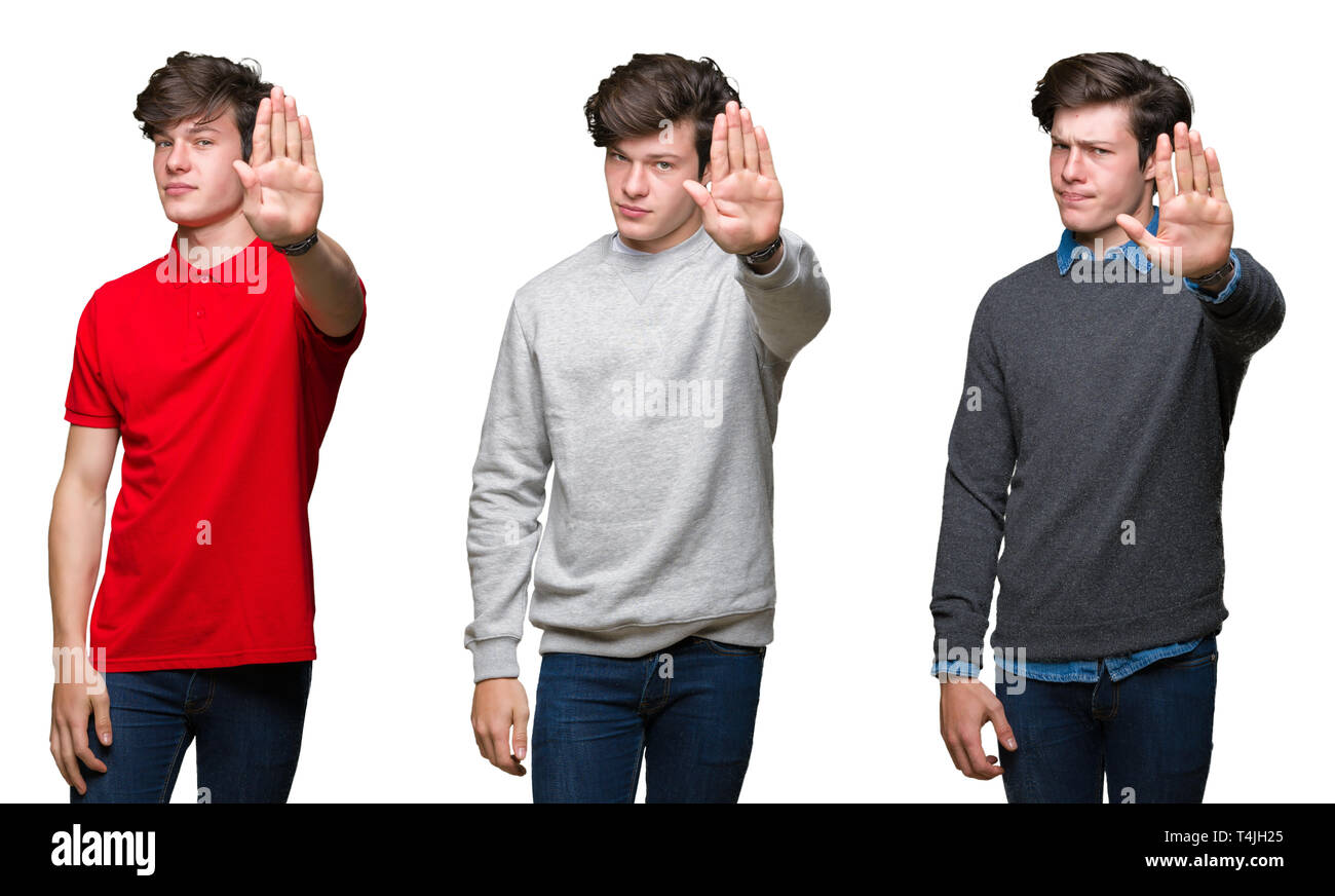 Collage of young man over white isolated background doing stop sing ...