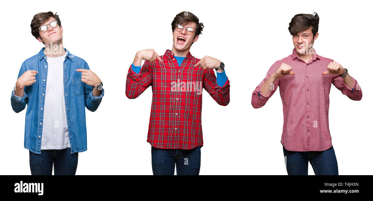 Collage of young man over white isolated background looking confident ...