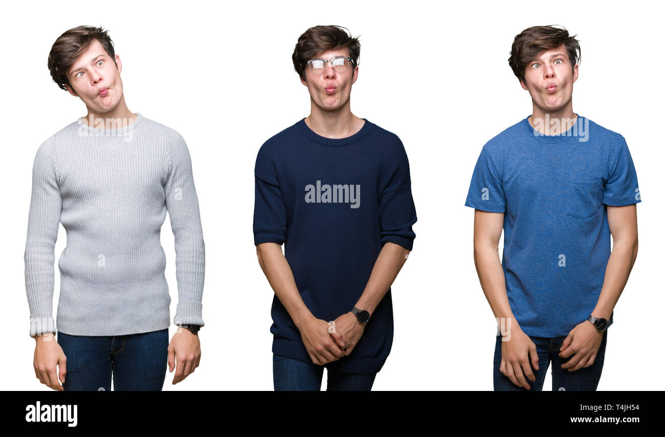 Collage of young man over white isolated background making fish face ...