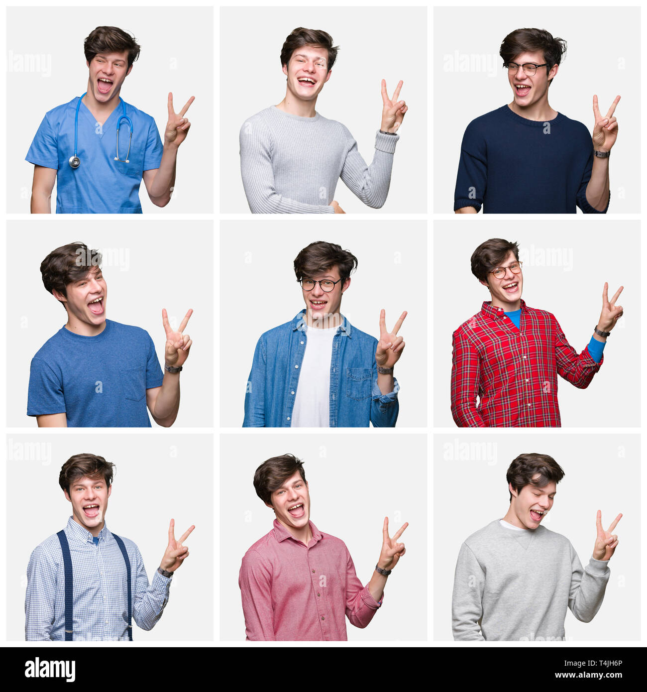 Collage of young man over white isolated background smiling with happy ...