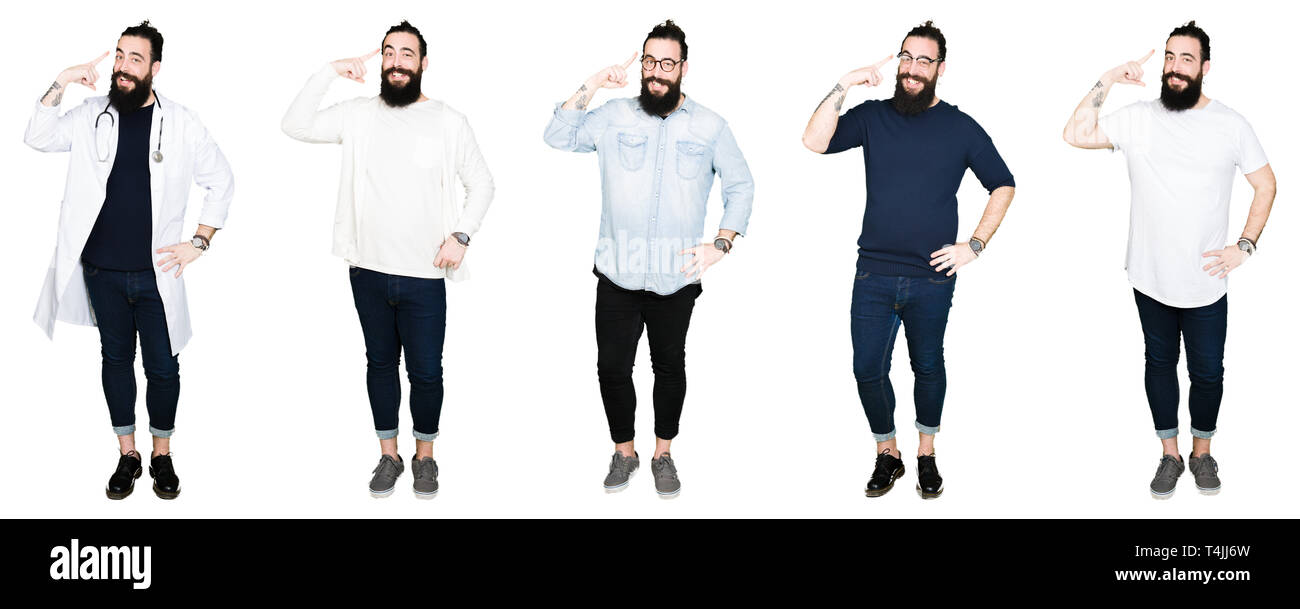 Collage of young man with beard and long hair over white isolated ...