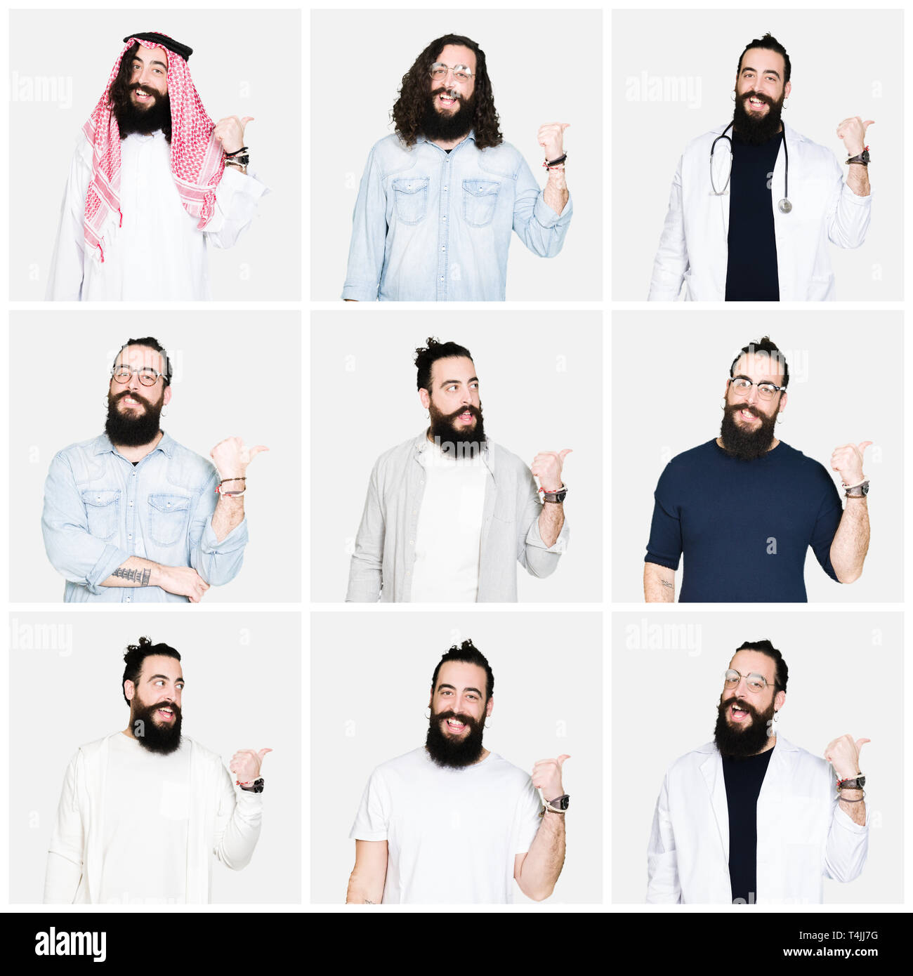 Collage of young man with beard and long hair over white isolated ...
