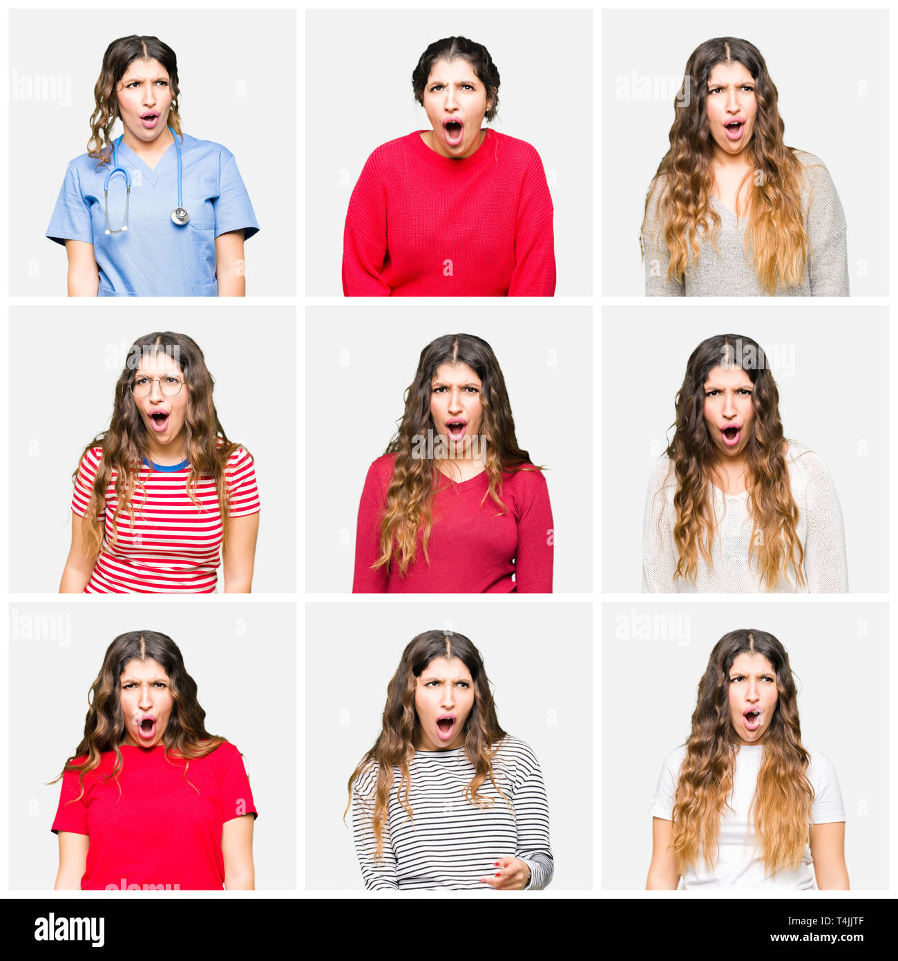 Collage of beautiful young woman wearing different looks over white ...