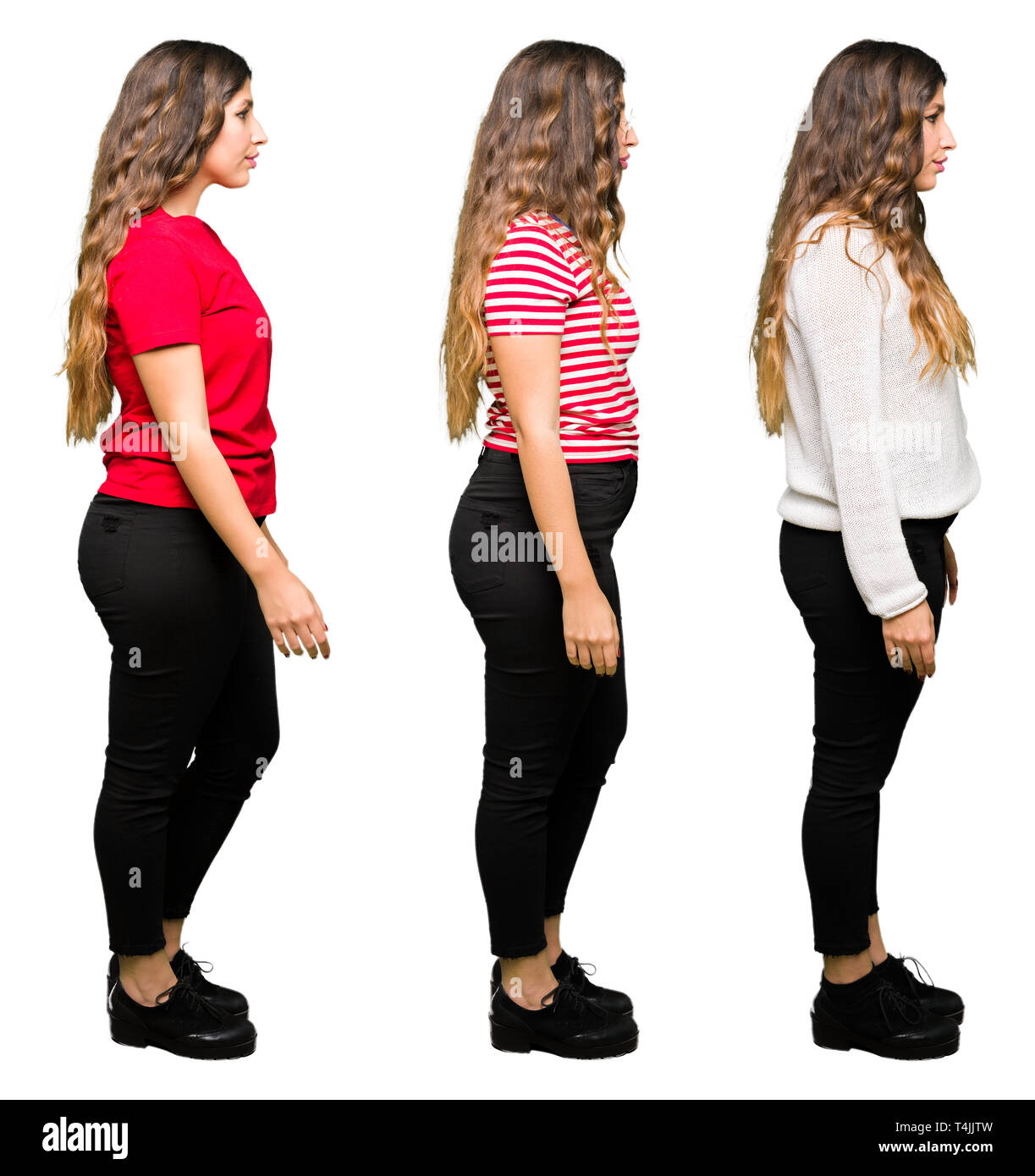 Collage of beautiful young woman over white isolated background looking ...