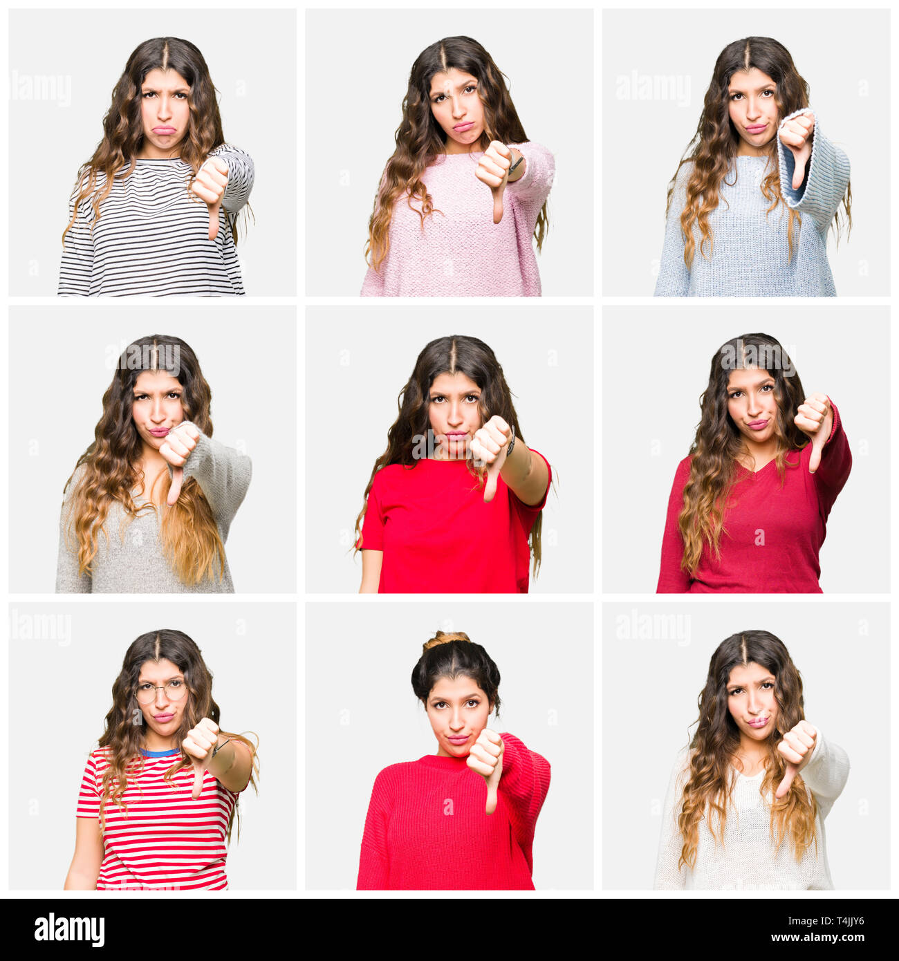 Collage of beautiful young woman wearing different looks over white ...