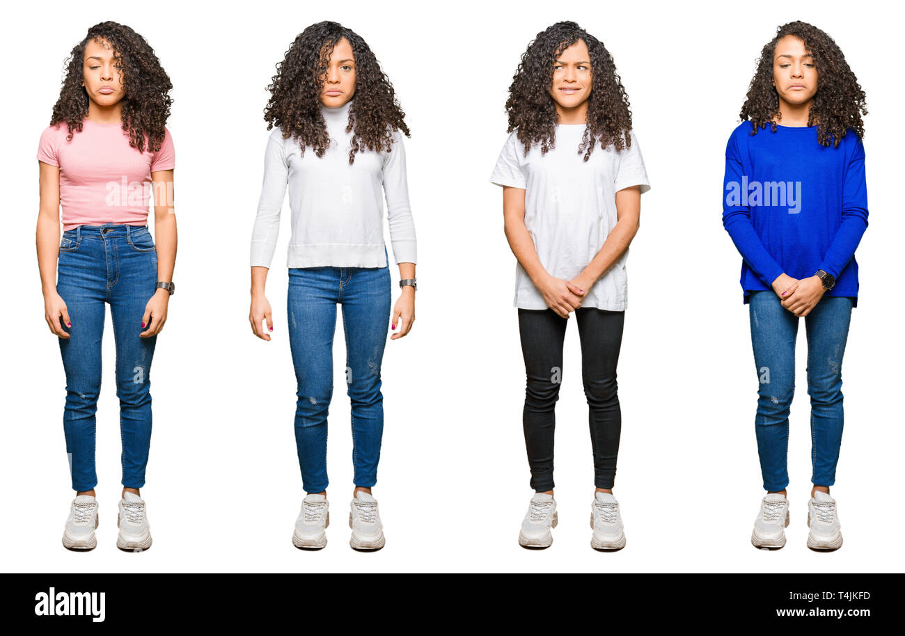 Collage of beautiful young woman with curly hair over white isolated ...