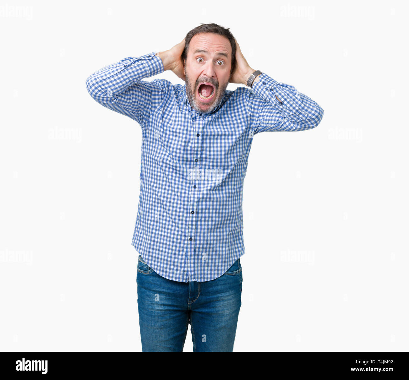 Handsome middle age elegant senior man over isolated background Crazy ...