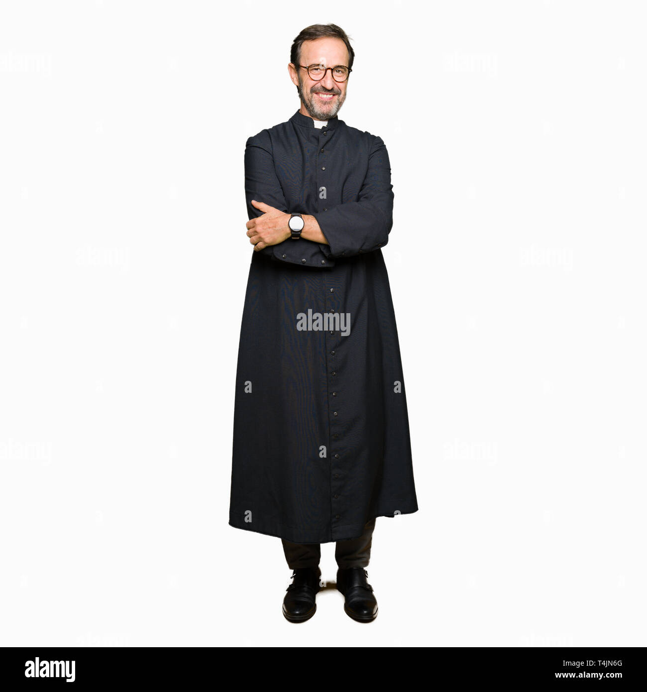 Middle age priest man wearing catholic robe happy face smiling with ...