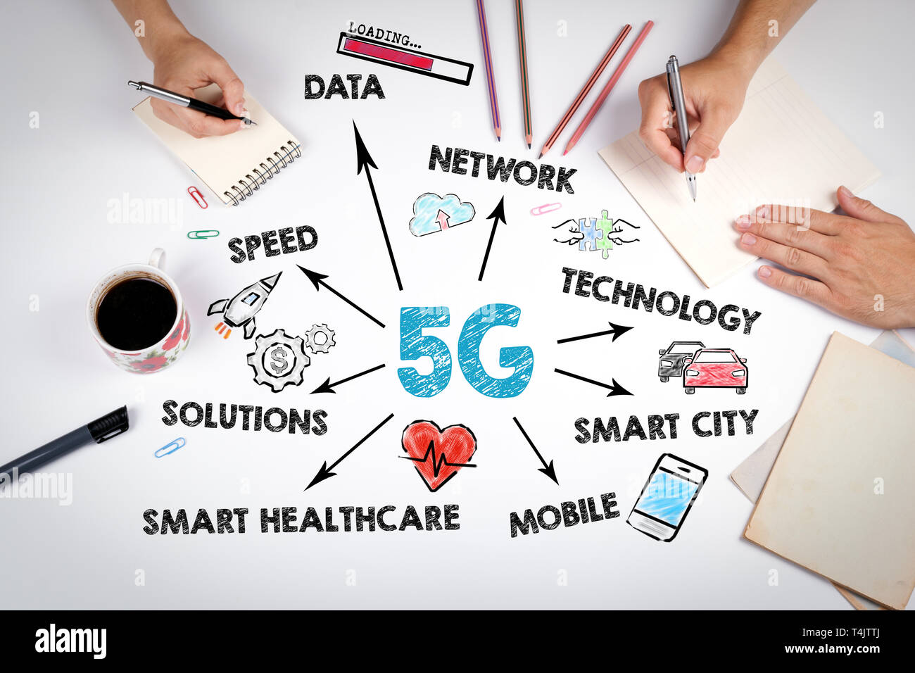 5g tehnology concept. Chart with keywords and icons. The meeting at the ...