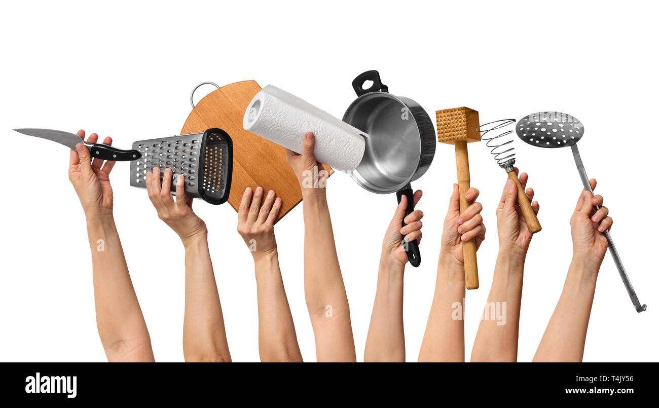 set of the kitchen tools in human hands, on white background Stock ...